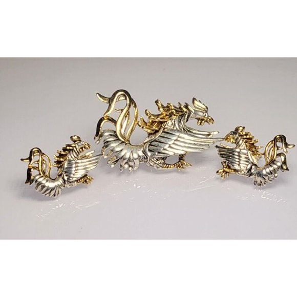 Rare | Jewelry | Vintage Signed Mj Brooch Pierced Earrings Set Phoenix ...
